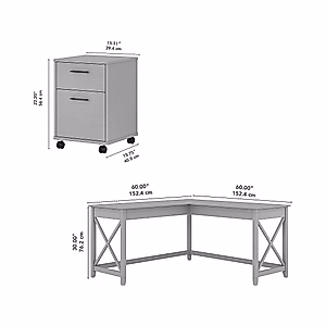 Bush Furniture Key West 60W L Shaped Desk with 2 Drawer Mobile File Cabinet in Cape Cod Gray