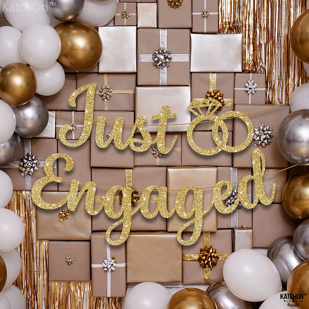 KatchOn, Glitter Gold Just Engaged Banner - 10 Feet, No DIY | Engagement Banner for Just Engaged Decorations | Engagement Party Decorations | Just Engaged Sign | Engagement Decorations
