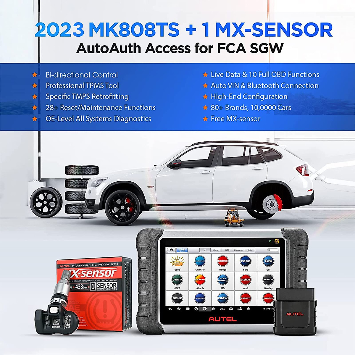 Autel MaxiCOM MK808TS with MX-Sensor, 2023 Updated of MK808BT and TS608, Bi-Directional Control, 28+ Service, All Systems Diagnoses, Activate/Program/Relearn TPMS Sensors, Access AutoAuth for FCA SGW