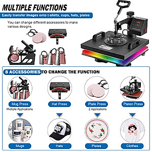 Topdeep Heat Press 15x15 Inch 8 in 1 Heat Press Machine, Swing Away T Shirt Pressing Machine Digital Control, Multifunction Heat Press Transfer Machine Sublimation Combo for T-Shirt Hat Cap Mug Plate