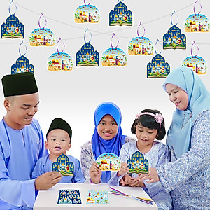 Eid Mubarak Craft Kits Kids Mosque Scene Stickers Muslim Eid Ramadan Sticker Bulk Gift Hanging Ornament Decoration for Eid Al Fitr Party Class Activities, 2 Styles (48 Pack)