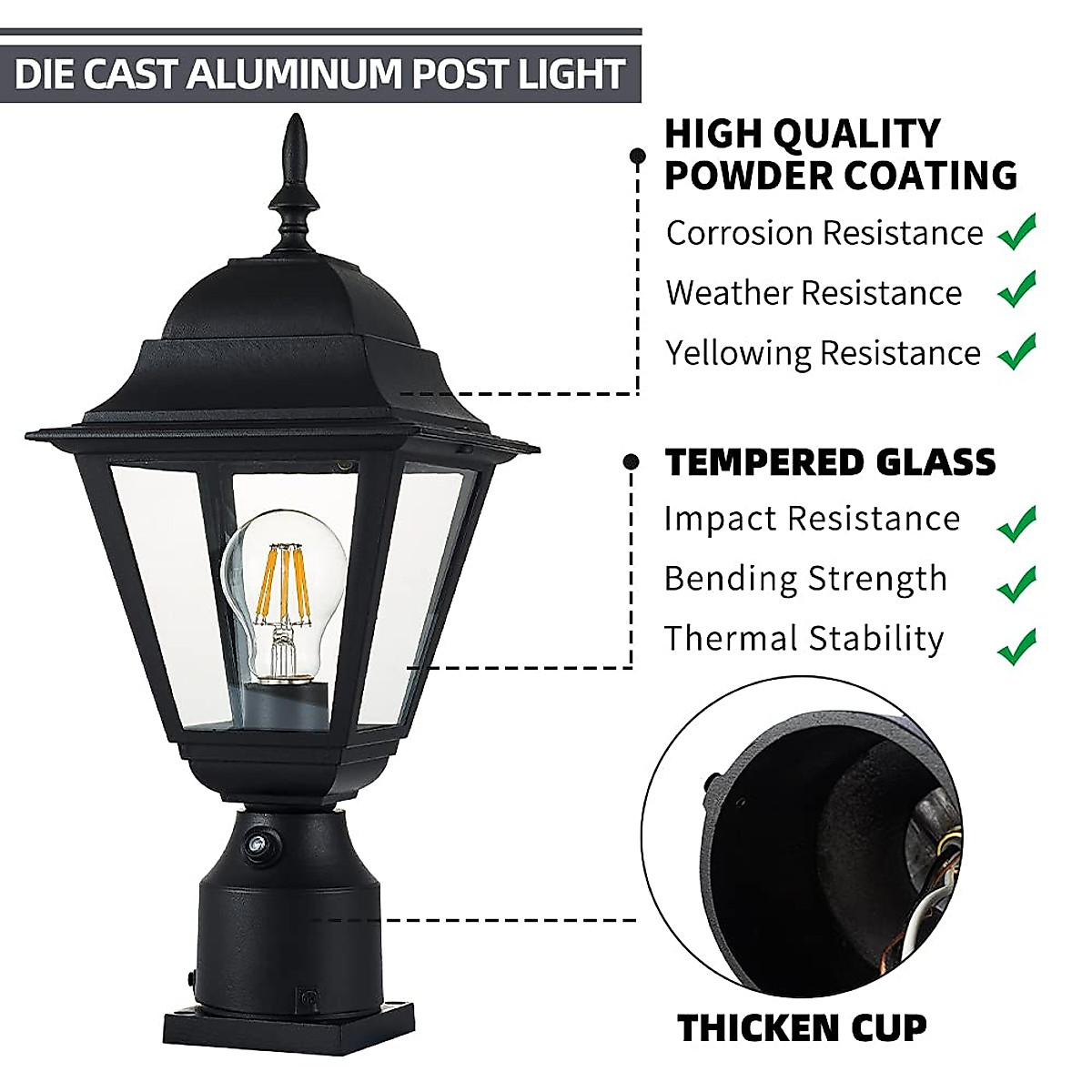 Windben Dusk to Dawn Outdoor Post Light,Lamp Post Light Fixture,Post Lantern with Pier Mount Base,Matte Black,7.4in,Suitable for Gardens,Yards,Balconies,Passages or Entrances,etc
