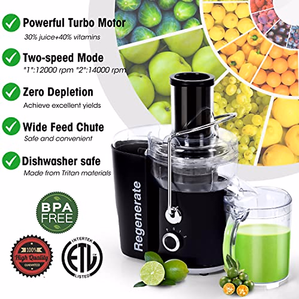 600W 3 Speeds Juicer Machines Vegetable and Fruit, Regenerate Centrifugal Juice Extractor with Big Mouth 3” Feed Chute, Easy to Clean, BPA-Free Compact Centrifugal Juice Maker, Black