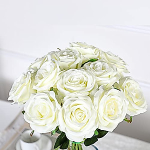 Hawesome 12PCS Artificial Silk Flowers Realistic Roses Bouquet Long Stem for Home Wedding Decoration Party (12PCS-White)