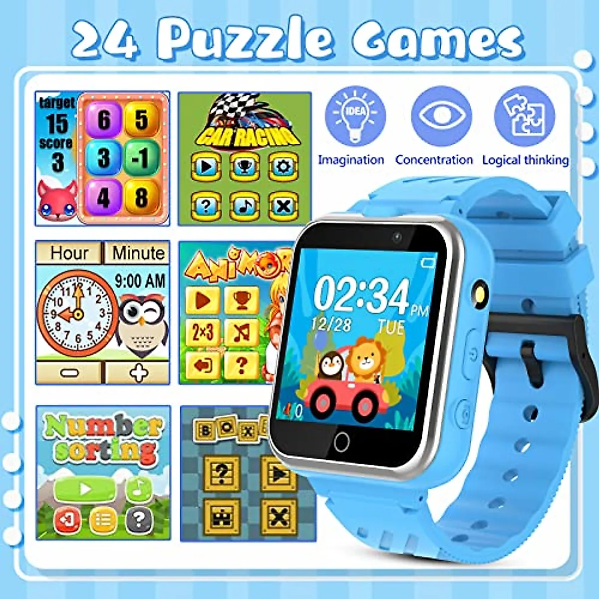 Kids Smart Watches,Gifts for Age 3-12 Boys Girls Dual Camera Touchscreen,Unicorn Digital Smart Watch for Kids with 24 Games, Pedometers，Music, Calculator,Learning Toys Birthday Gifts for Kids Blue