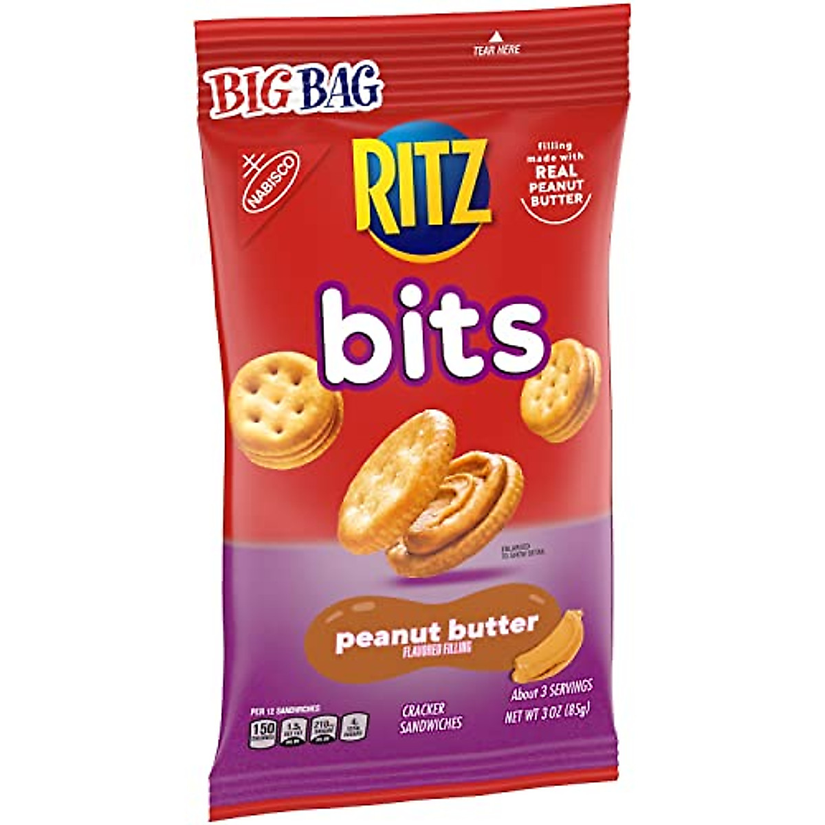 RITZ Bits Peanut Butter Cracker Sandwiches, Big Bag, 3 Ounce (Pack of 12)