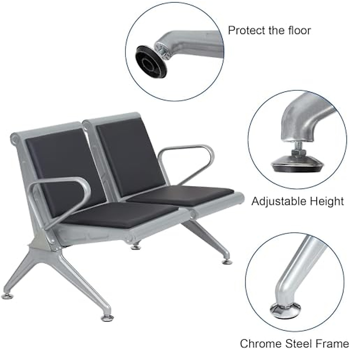 JSUN7 4-Seat Office Waiting Room Chairs - PU Leather Reception Bench, Guest Chairs Airport Seating with Armrests for Hospital Bank Salon Barber Hall Room Conference, Set of 2, Black