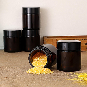 15 Pack 4 oz Amber Glass Jars with Lids, Round Empty Containers for Scrubs, Lotions, Cosmetic, Ointments and Butters, Travel Storage Jar with White Inner Liners £¬Black Lids, lables and Spatulas