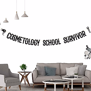 Glitter Black Cosmetology School Survivor Banner, Class Of 2024 Grad Cap Cake Supplies,Congratulations Finally Done 2024 Graduate Party Decoration
