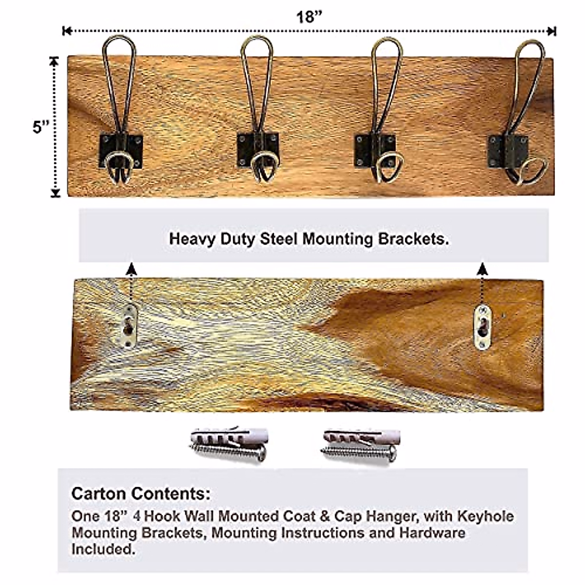 WRIGHTMART Handmade Acacia Hardwood Coat Rack with 4 Hooks, Durable Rustic Wall Mount, Versatile Hanger for Entryway, Bedroom, Bathroom, Farmhouse Boho Decor, 18" Natural Finish