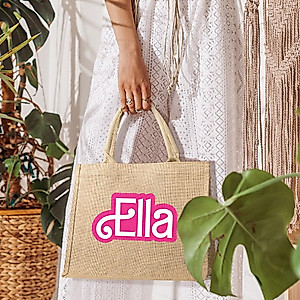 callie Personalized Tote Bag for Girls Women, Custom Reusable Travel Shopping Beach Jute Pink Bag with Name, Bridal Bridesmaid Party Birthday Gifts, 1 Pack
