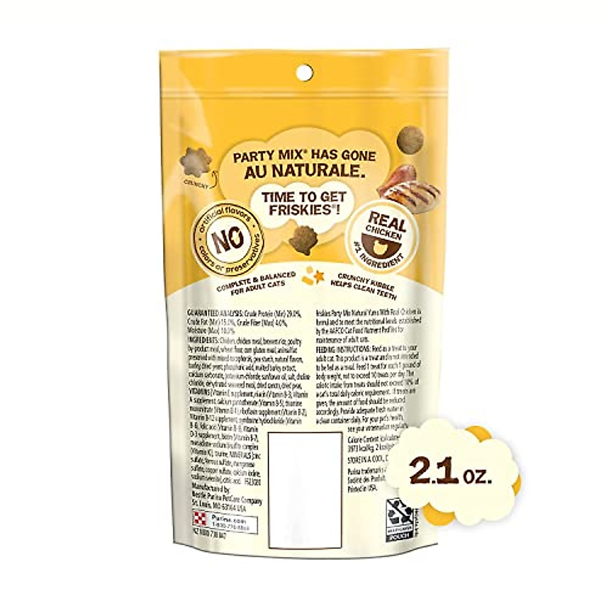 Friskies Party Mix Natural YUMS Bundle Pack, (3) Real Chicken, (3) Real Salmon, (3) Real Tuna, Total (9) 2.1 oz Pouches with Aurora Pet Catnip Toy (Assorted)