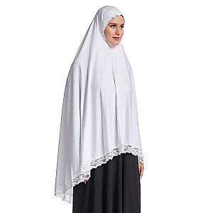 khalat Women's Elegant Hijab Lace Trim Muslim Islamic Ramadan Soft Lightweight Hijab Long Scarf White