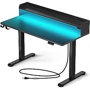 Rolanstar Standing Desk with LED Lights & Charging Station, 47" Height Adjustable Desk with Monitor Stand, Electric Gaming Desk with 2 Hooks, Sit Stand Home Office Desk, Carbon Fiber Surface Black
