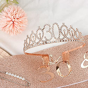 CIEHER 30th Birthday Crown + 30th Birthday Sash + Pearl Pin Set, 30th Birthday Decorations for Women 30th Birthday Gifts for Her 30 Cake Topper 30th Birthday Tiara Happy 30th Birthday Party Rose Gold