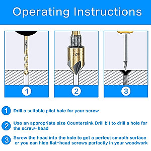 5-Piece HSS Countersink Drill Bit Set for Wood and Metal - 82 Degree 5 Flute High Speed Steel with 6mm Hex Shank - Sizes 1/4'' to 3/4'' - Includes Bit Case