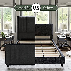 AMERLIFE Queen Size Bed Frame, Velvet Upholstered Platform with Vertical Channel Tufted Headboard & Footboard/Wingback, Mattress Foundation Wood Slats, No Box Spring Needed, Grey (BF-004)