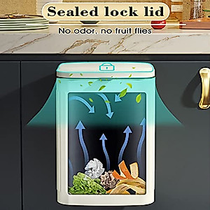 Kitchen Compost Bin Hanging Trash Can with Lid, 2.1 Gallon Stainless Steel Trash Can Compost Bin, Wall-Mount Indoor Kitchen Trash Bin for Cabinet, Under Sink, Bathroom (2.1 Gallon, 8L Ivory White)