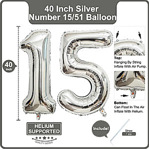 Lovoir 40 Inch Silver 51 Number Balloon 15 Large Size Jumbo Digit Mylar Foil Helium Silver Balloons for 15th 51st Birthday Party Celebration Decorations Graduations Anniversary Supplies