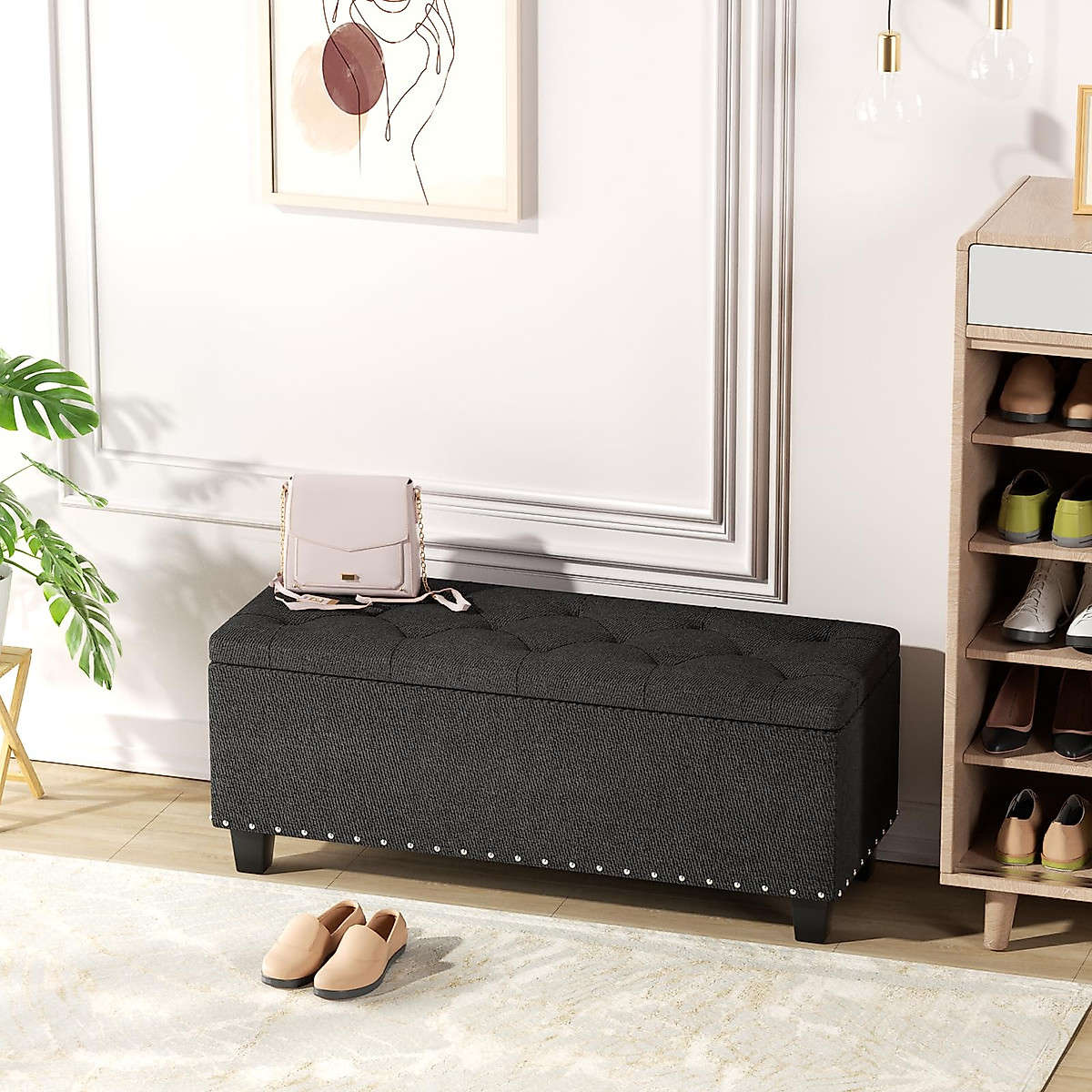 Magshion 42 Inch Storage Ottoman Bench, Large Tufted Rectangular Ottoman Bench with Hinged Lid, Entryway Storage Bench for Living Room, Bedroom, Hallway – Supports up to 800 lbs, Linen Black