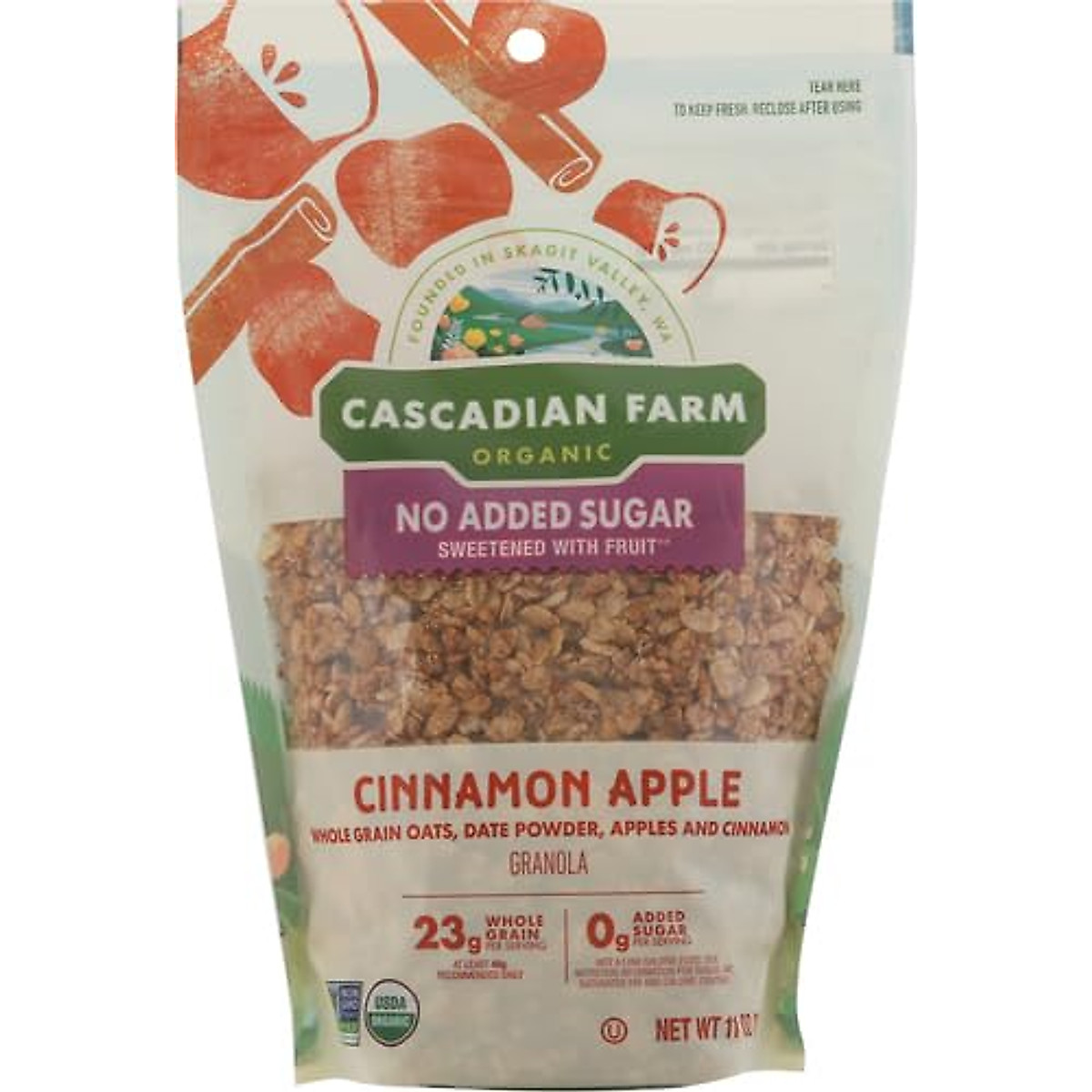 Cascadian Farm Organic Granola with No Added Sugar, Cinnamon Apple Cereal, Resealable Pouch, 11 oz.
