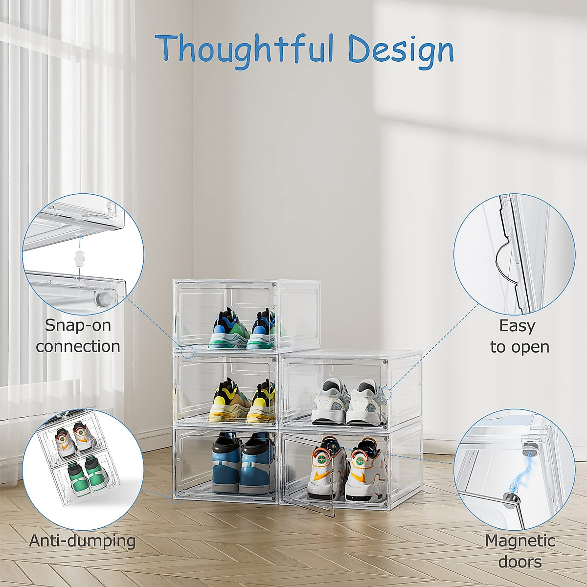 Shoe Storage Boxes, Shoe Organizer Shoe Display Case, Shoe Holder Clear Plastic Stackable Sneaker Box, Zapateras Organizer for Closet Drop Front Shoe Box Fit up to US Size 12(13.4”x 10.5”x 7.4”)