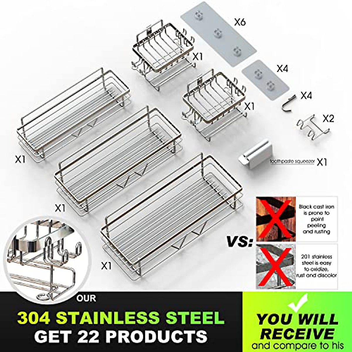 SEETHEBATH Shower Caddy Organizer 5-Pack with 19 Hooks Shower Shelves Accessories Adhesive Wall Mounted 304 Stainless Steel