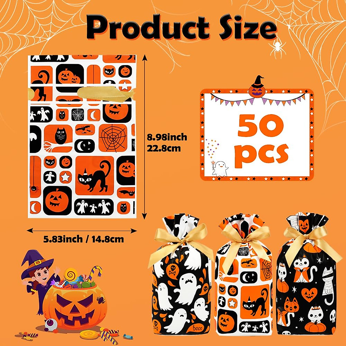 Shintop Halloween Goodie Bags Drawstring, 50PCS Small Treat Candy Bags Reusable Plastic Gift Bags Party Favors Supplies for Trick or Treat Sweets Cookies (Ghosts, Black Cats, Pumpkins)