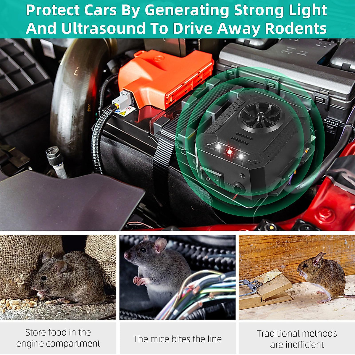2024 Upgraded Car Mouse Repellent Under Hood Mouse Repellent for Cars with Ultrasonic Strobe Light to Scare Away Rodent Squirrel Repellent for CarEngine Truck RV Warehouse Vehicle Protection(2 Pack)
