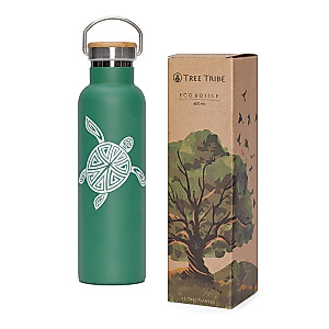 Tree Tribe Green Turtle Water Bottle - Eco Friendly Stainless Steel, Indestructible, BPA Free, 100% Leak Proof, Double Wall Insulated for Hot and Cold, Wide Mouth - 20 oz
