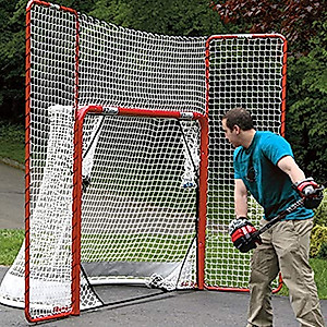 EZGoal 4' x 6' Hockey Folding Steel 2" Goal with 10' x 6' Backstop, 4 Targets Nets, a New Shooter Tutor, Red