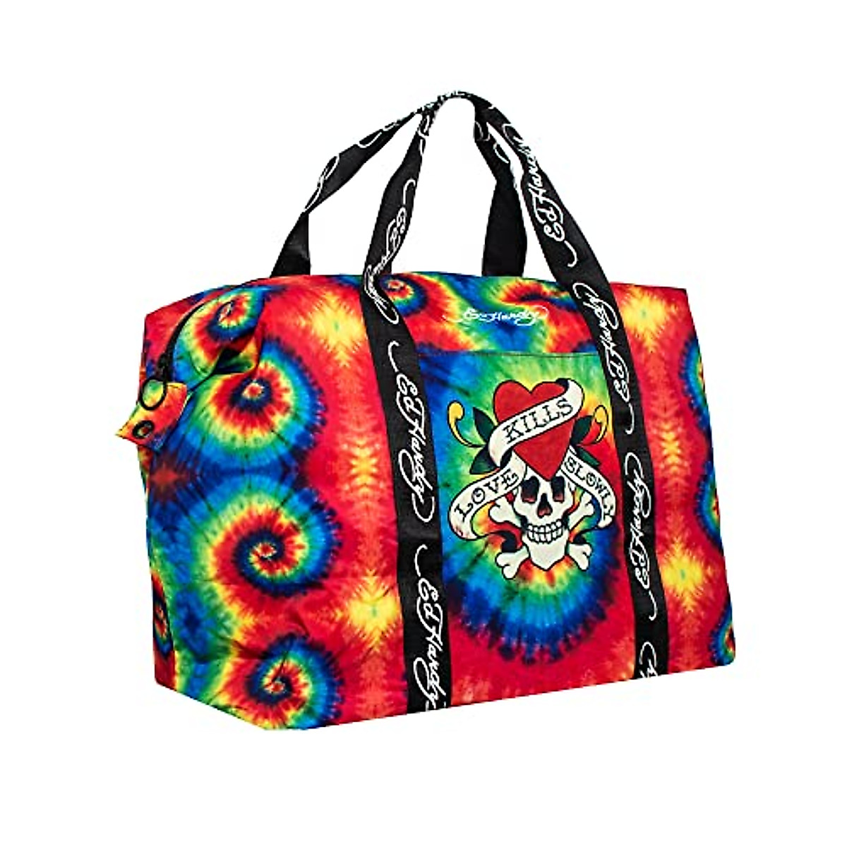 ED HARDY Unisex Black/Rainbow Skull Tatoo Print Nylon Duffle Bag With Adjustable Shoulder Strap