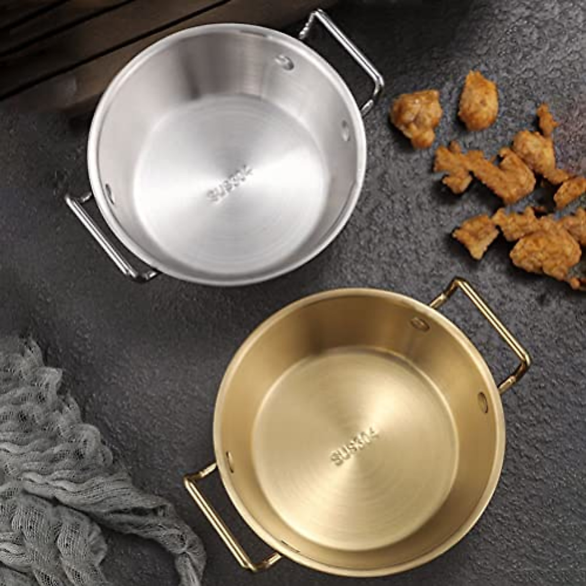 Stainless Steel Bowl with Handle Fruit Salad Bowl Saucepan Milk Pot Small Cooking Pot French Fries Fast Food Basket Snack Bowl Food Serving Bowl for Hot Dogs Deli Chicken Burgers Sandwiches 12cm