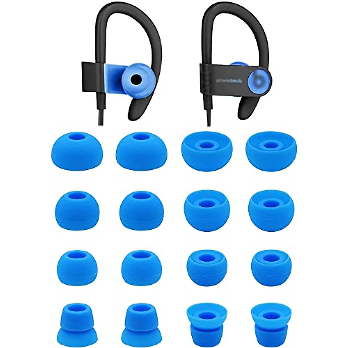BLUEWALL Ear Tip Ear Bud Compatible with Powerbeats2 Wireless Headphone Replacement,8 Pair with Double Flange and Small Medium Large Size Soft Gel Silicone Earbuds Ear Gel Ear Tips, Blue