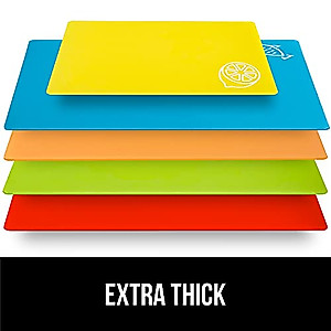 Gorilla Grip Cutting Boards for Kitchen, Set of 5 Durable Mats with Food Icons, Flexible Dishwasher Safe Plastic, Slip Resistant BPA Free Large Mat for Meat, Fish, Vegetables, Chopping Board, Multi