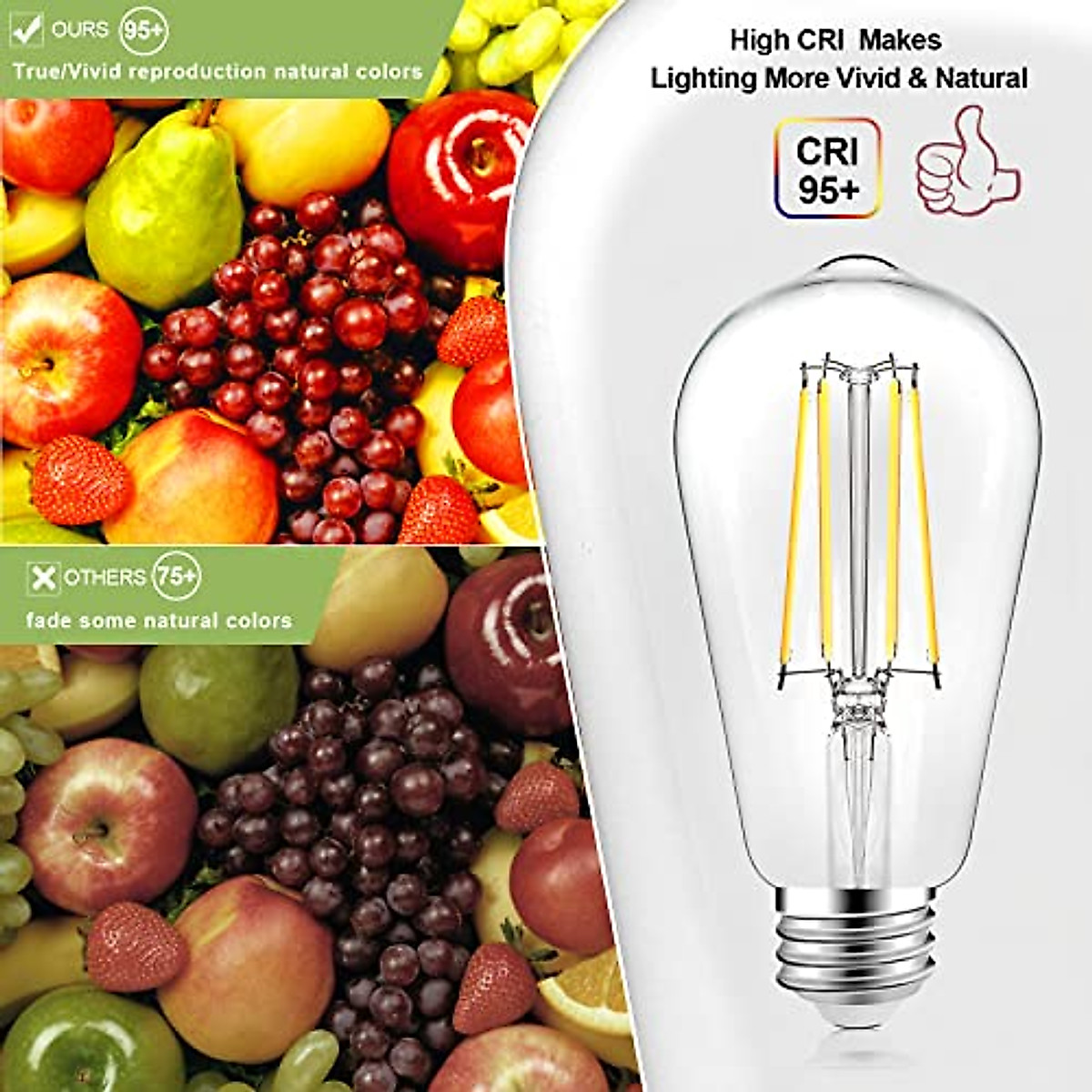 WIHTU Vintage LED Edison Bulbs, 6W Equivalent 60W, ST58 Antique LED Filament Bulbs, LED Light Bulbs with 95+ CRI, High Brightness Daylight 4000K, 900lumens, E26 Medium Base, Clear Glass, 6-Pack