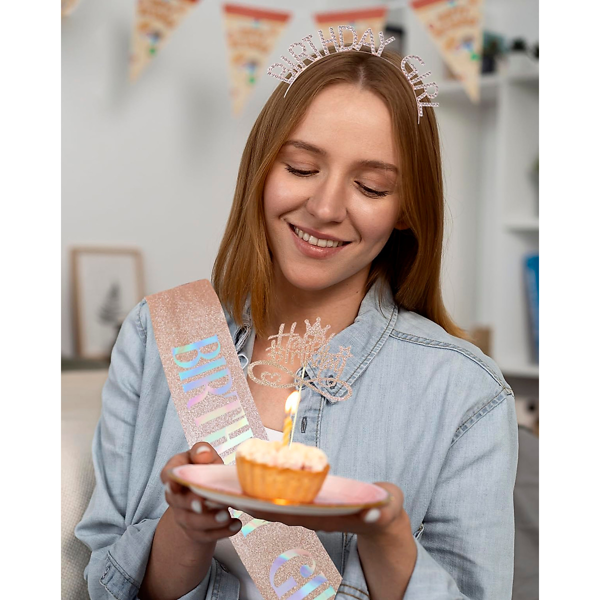 DOCOONIVER Rose Gold Birthday Headband for Women,Birthday Girl Sash and Crown for Girls and Women,Birthday Gift for Her,Happy Birthday Cake Topper,Accessories for Birthday Decorations.