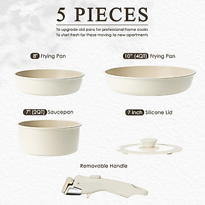 𝗨𝗣𝗚𝗥𝗔𝗗𝗘!! 5 Pcs Pots and Pans Set Non Stick - Detachable Handle Cookware Set, Induction Nonstick Kitchen RV Cooking Set Removable Handle - Dishwasher ＆ Oven Safe ＆Heat Evenly for Better Cooking