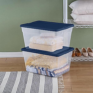 Sterilite Stackable 56 Quart Clear Home Storage Box with Handles and Marine Blue Lid for Efficient, Space Saving Storage and Organization (8 Pack)