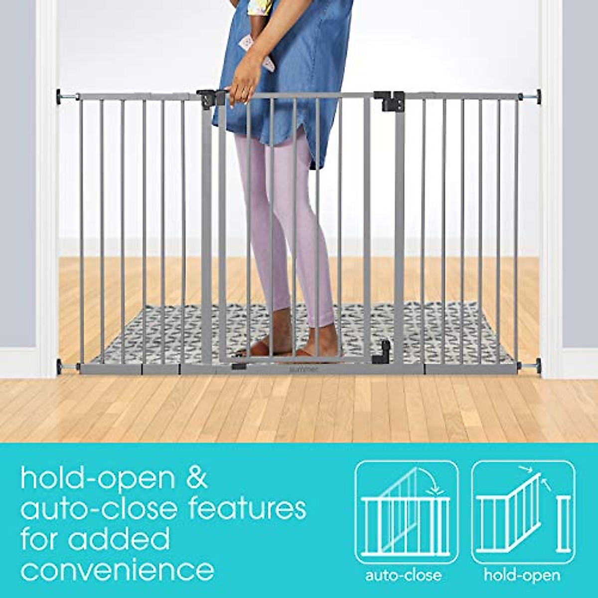 Summer Infant Secure Space Extra-Wide Safety Gate, 28.5 - 52 Inch Wide, for Doorways & Stairways, Auto-Close & Hold-Open, Grey, Slate