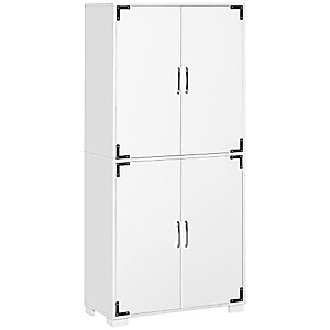 HOMCOM Industrial Kitchen Pantry Cabinet with 4 Doors and Storage Shelves, Freestanding Storage Cabinet, White
