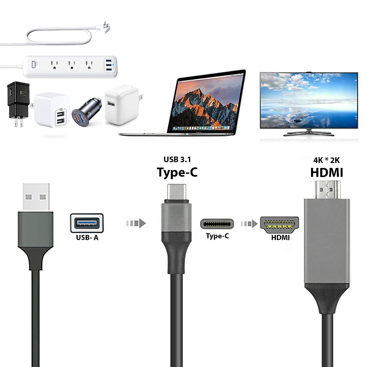 Powered USB-C 4k HDMI Cable Compatible with Samsung SM-A716V Plus USB Charging at Max 2160p@60Hz, 6Ft/2M Cable [Gray, Thunderbolt 3]