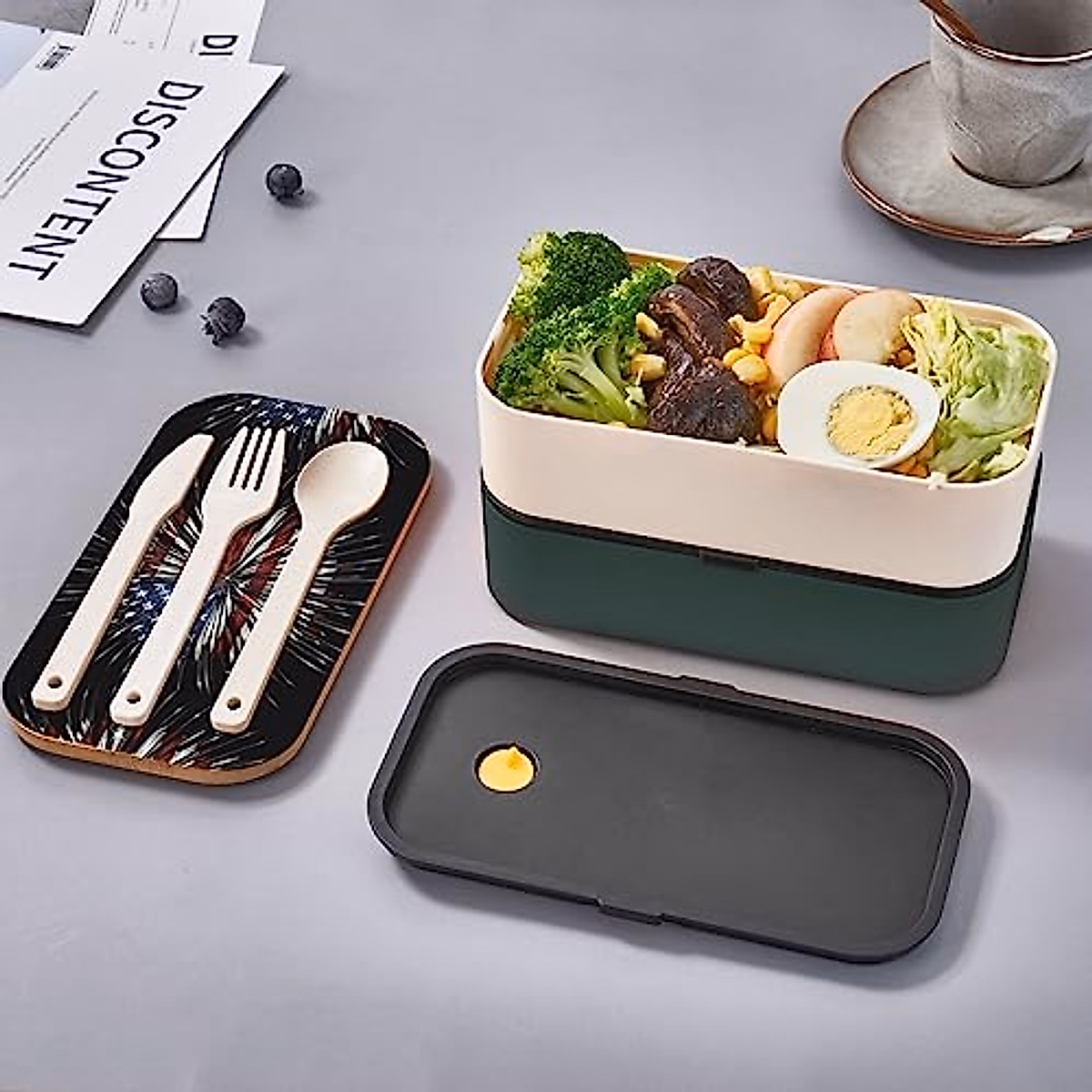 American Flag Firework Premium Bento Lunch Box, 2 Compartments Leakproof Lunch Box With Cutlery For Adults, Microwave & Dishwasher Safe