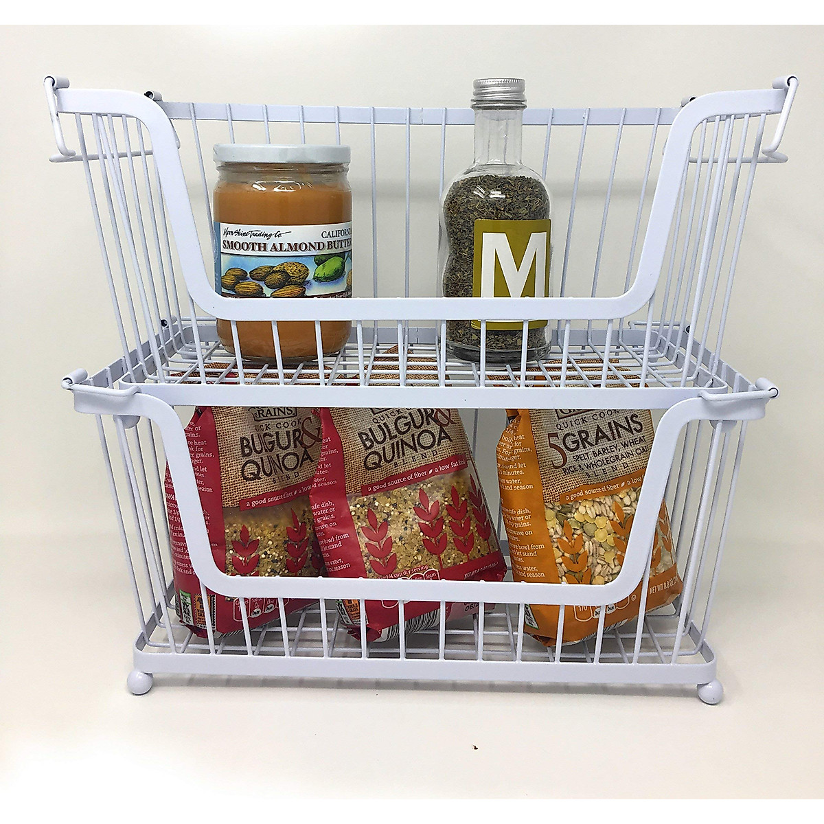 Stacking Metal Baskets, Set of 2, for Pantry, Closet, Shelf Organization, by HomeSimple (White)