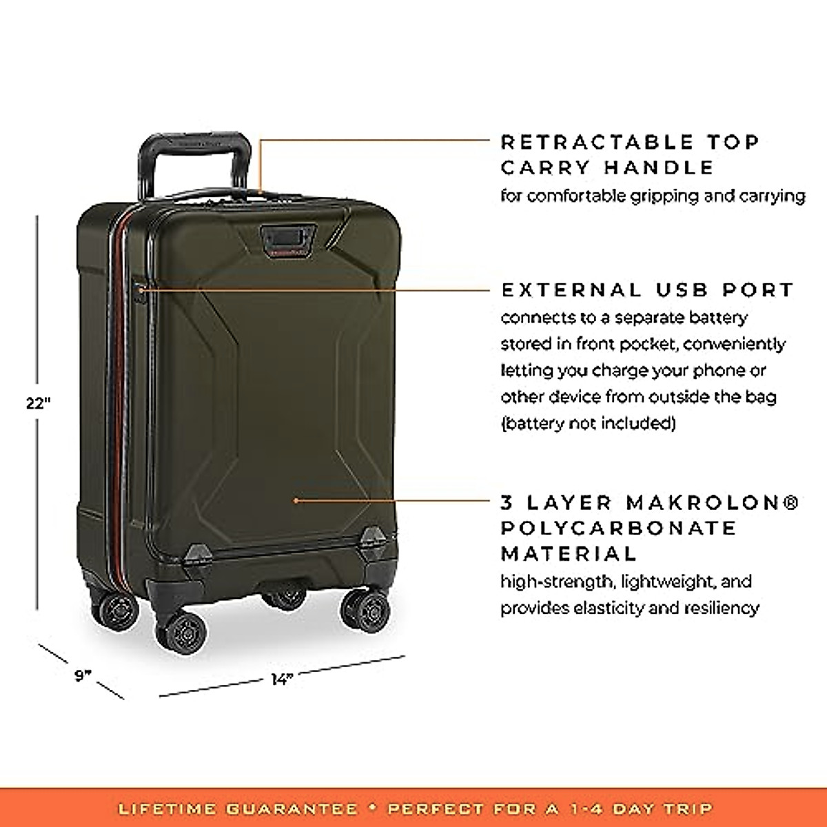 Briggs & Riley Torq Hardside Carry On Luggage with Spinner Wheels 22 inch. USB Charging Port, TSA-Friendly Locks, Easy Access Hinged Front Pocket, Green