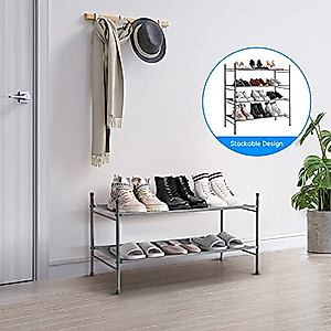 MAX Houser 2-Tier Stackable Shoe Rack, Fabric Shoe Shelf Storage Organizer for Closet Bedroom Entryway, Gray