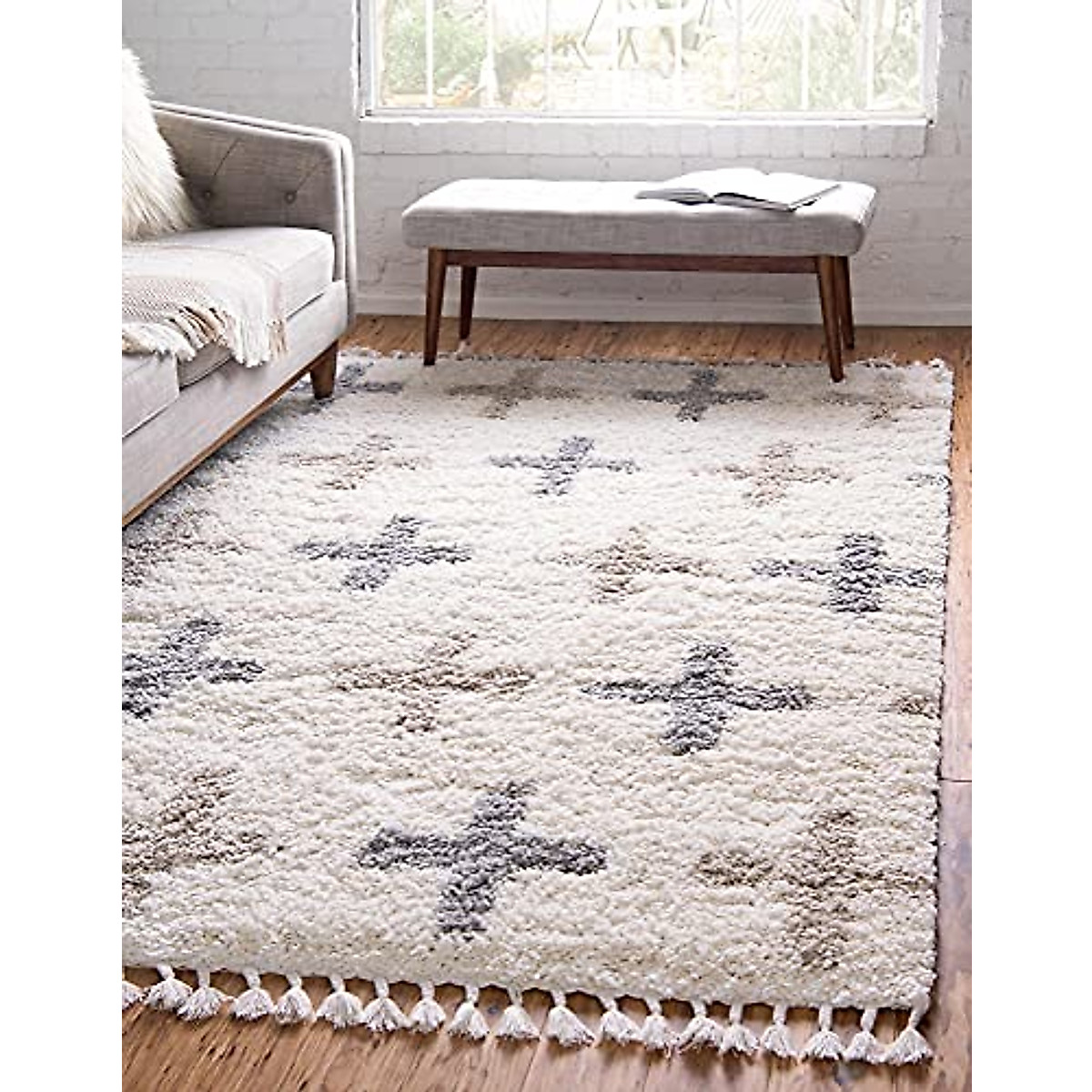 Unique Loom Hygge Shag Collection Modern Moroccan Inspired, Geometric Design, Plush & Cozy Area Rug, 2' 2" x 3' 0", Ivory/Tan