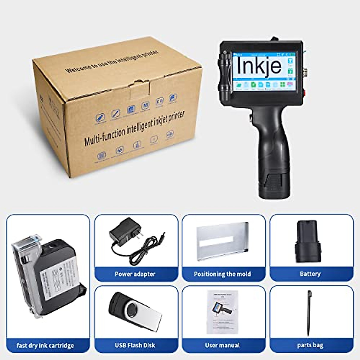 Handheld Inkjet Printer Print with 4.3 Inch HD LED Touch Screen Portable Labeler for QR-Code Barcode Date Logo Batch Text Surface on Glass Plastic Box Bag Wood Paper Black Ink Height 0.08~0.5 inch