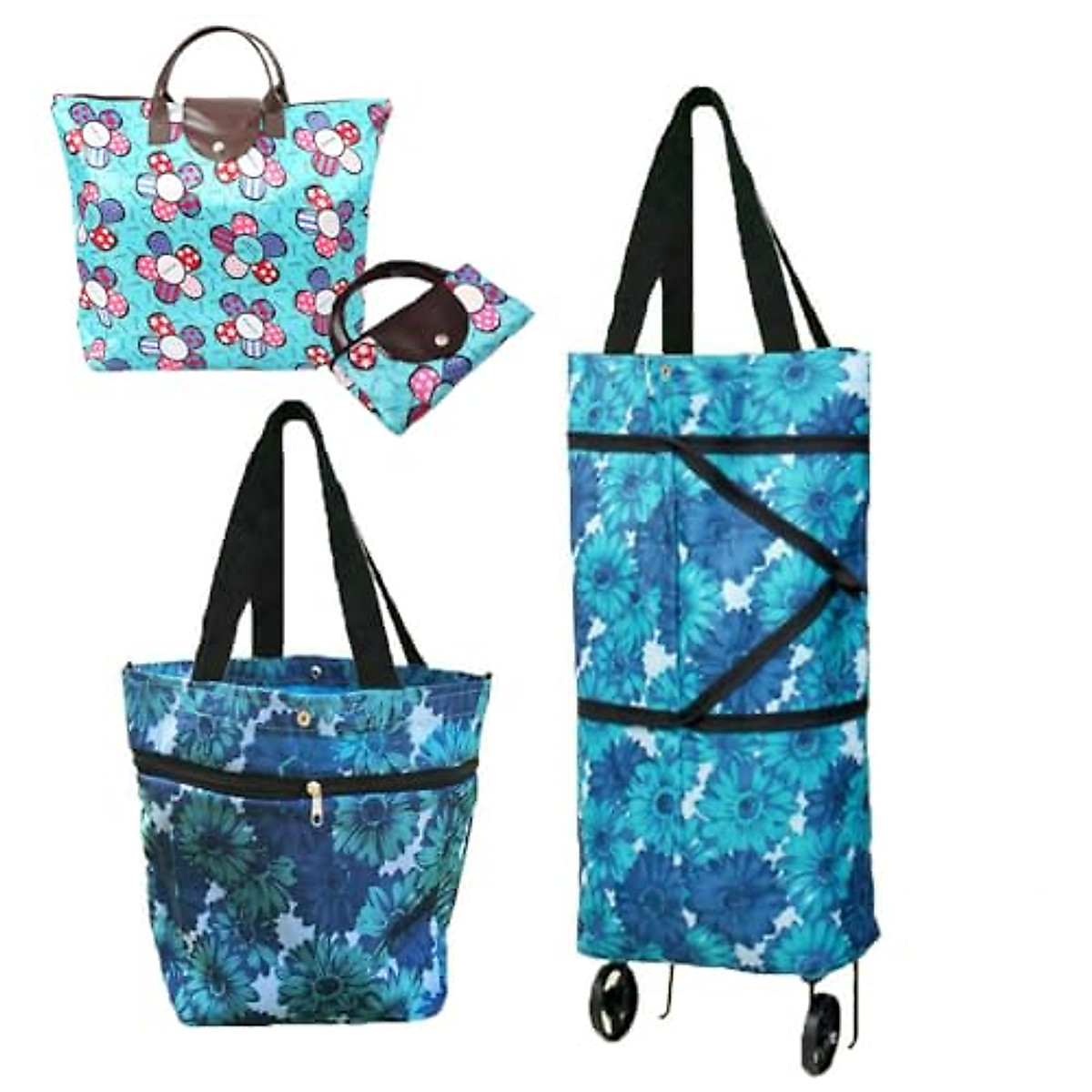 Foldable Collapsible Shopping Cart Trolley Bag with Wheels - Reusable Grocery Bags for Travel (B0B7BGLBGT)