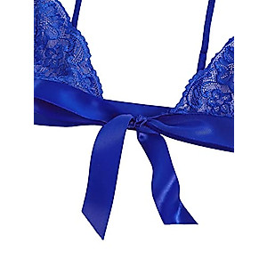 SweatyRocks Women's Sexy Floral Lace Scalloped Trim Self Tie Panty Mesh Lingerie Set Dark Blue Small